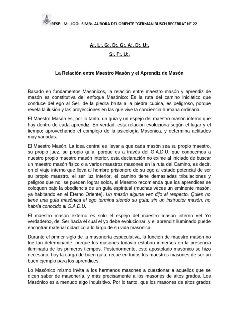 PLANCHA RELACION ENTRE EL MAESTRO MASON Y EL APRENDIZ DE MASON | PDF ...