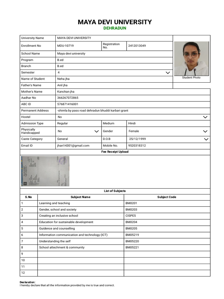 Neha jha registration form | PDF