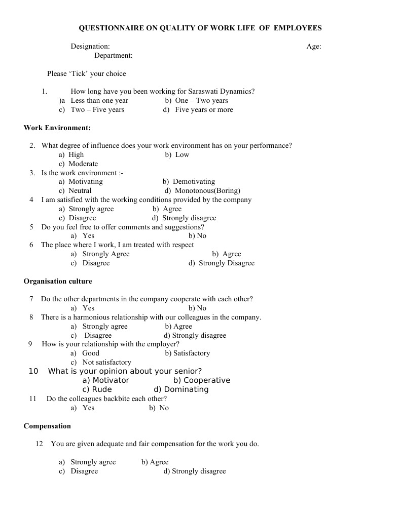 Questionnaire On Quality of Work Life of Employees | PDF | Employee ...