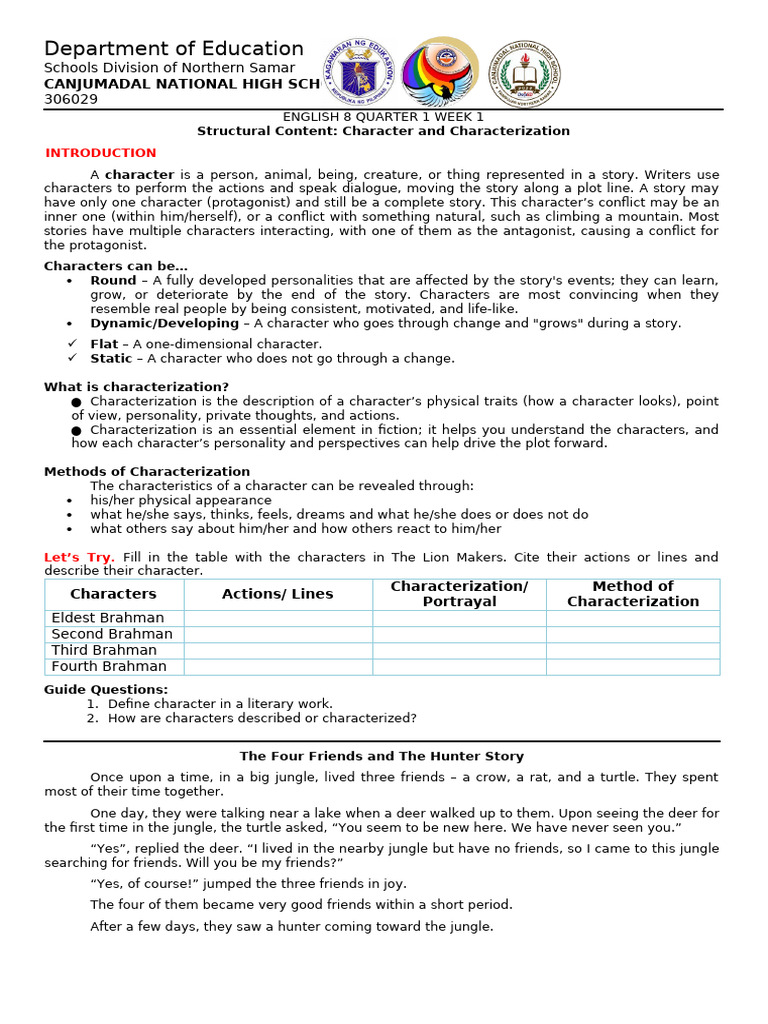 Eng8 Q1 W1 Character and Characterization | PDF