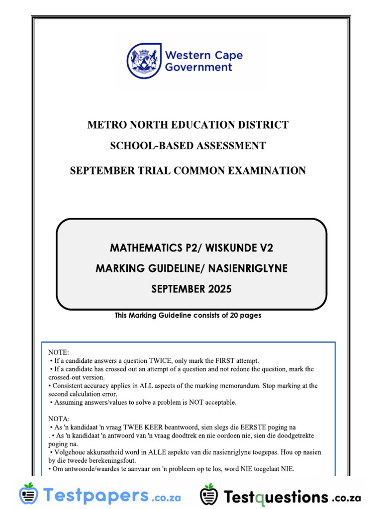 Maths Grade 12 NSC P2 MEMO September 2025 Eng Western Cape | PDF