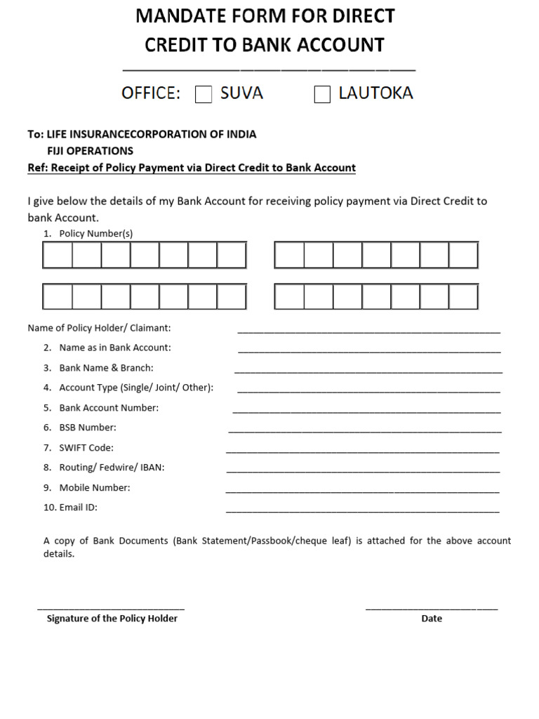 Mandate Form For Direct Credit To Bank Account | PDF