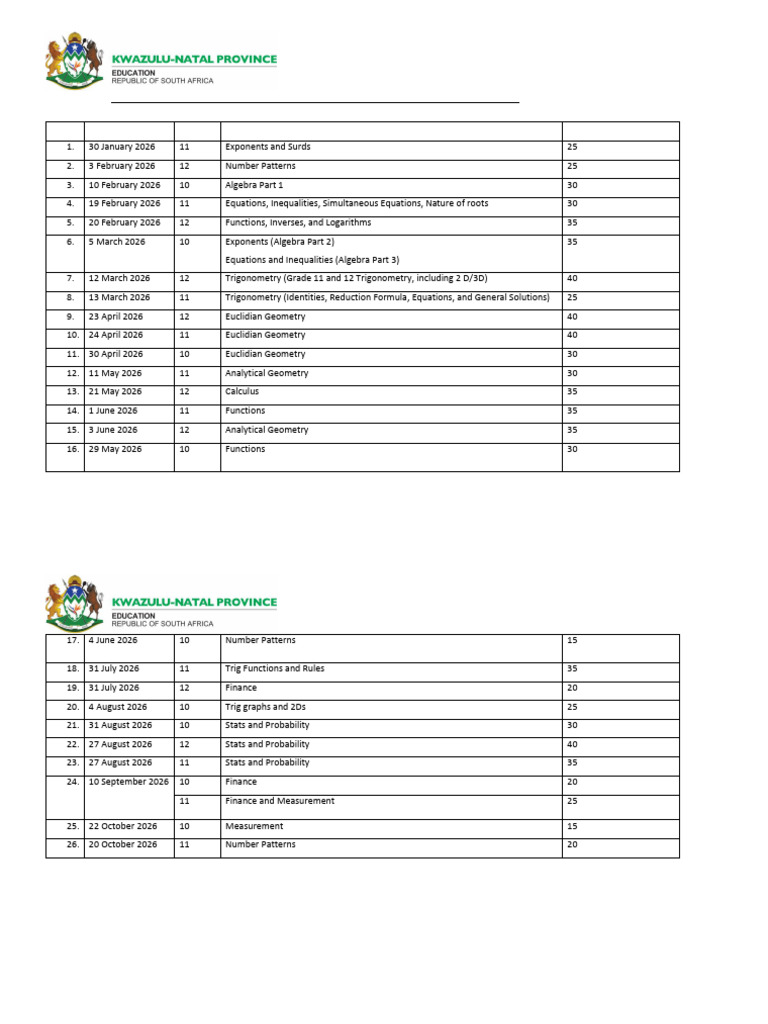 Informal Assessment Dates - 2026 | PDF | Equations | Function (Mathematics)