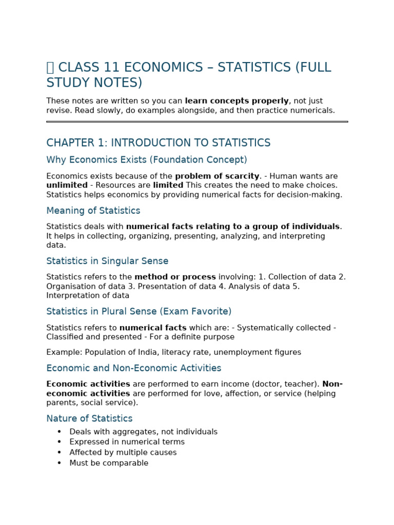 Class 11 Economics Statistics - Two-Page Cheat Sheets | PDF | Cost Of ...