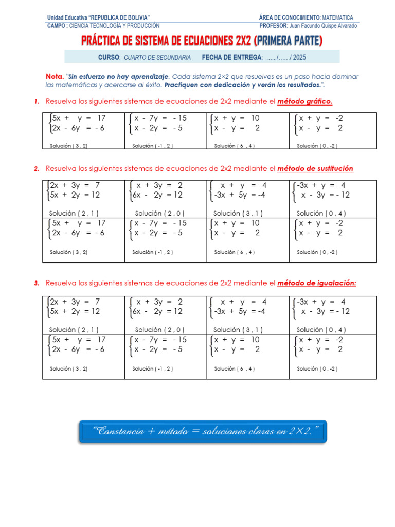 Práctica de Ecuaciones 2x2 | PDF | Matemáticas