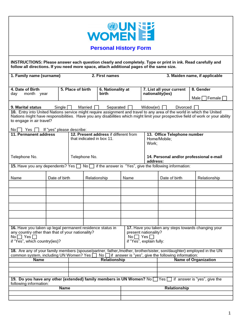 UN Women P11 Personal History Form | PDF | Harassment | Diploma