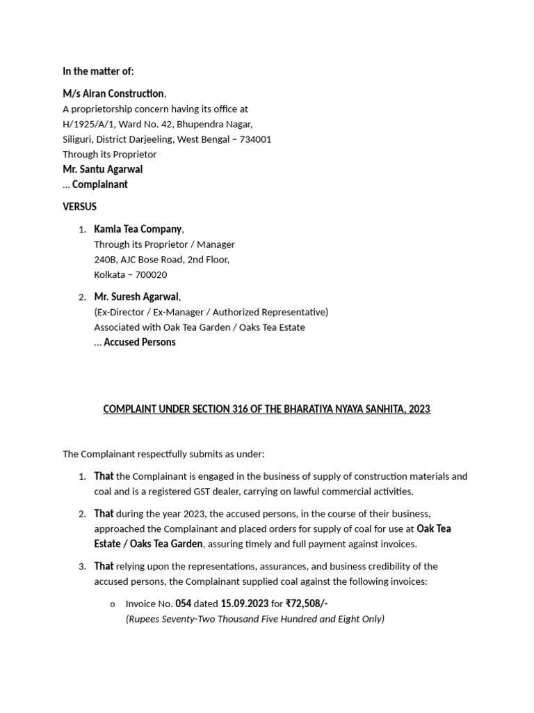 Complaint Under Section 316 of The BNSS | PDF | Justice | Crime & Violence