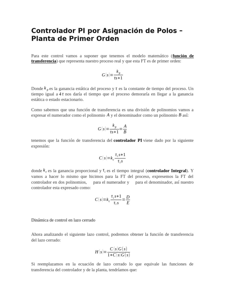 Controlador PI Por Asignación de Polos | PDF | Análisis matemático ...