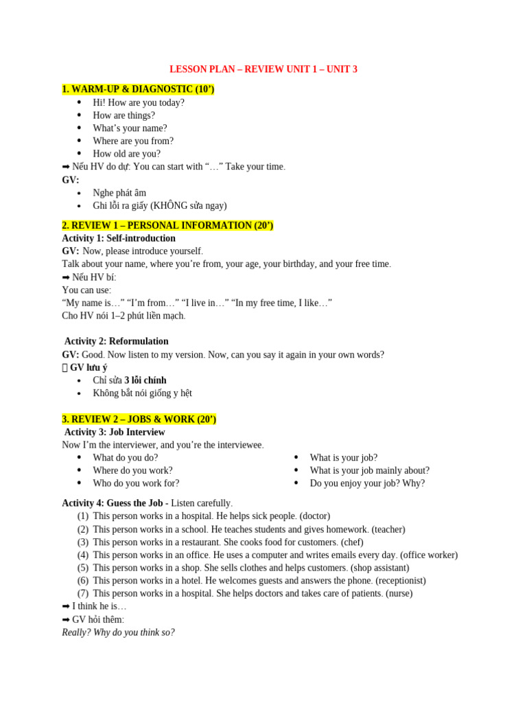Review Unit 1-3 - Lesson Plan | PDF