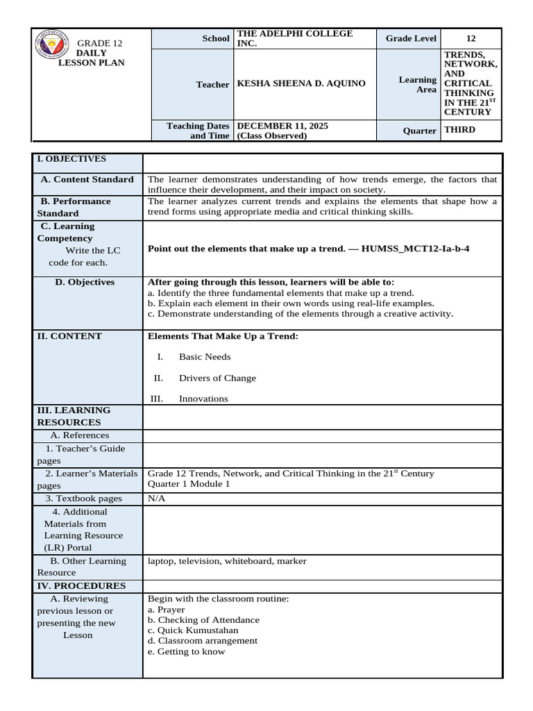 LESSON PLAN GRADE 12 21st CENTURY | PDF | Learning | Teachers