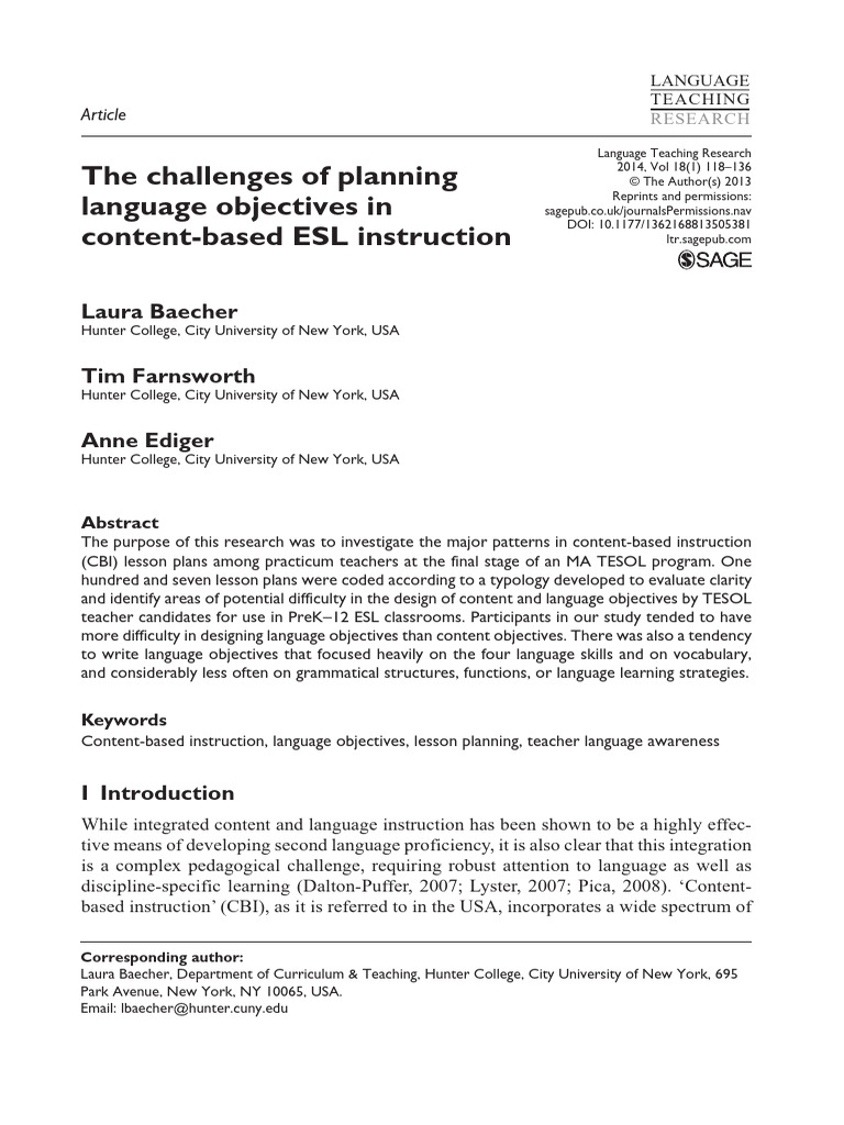 The Challenges of Planning Language Objectives in Content Based Esl ...