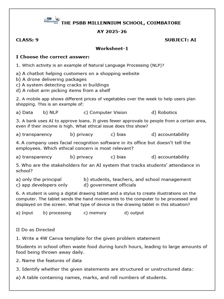 Class IX AY 25-26 AI Worksheet11754303527 | PDF | Artificial ...