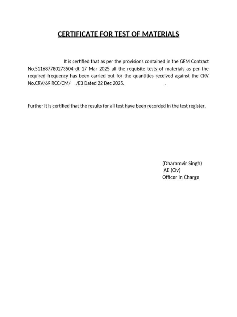 Certificate For Test of Materials | PDF