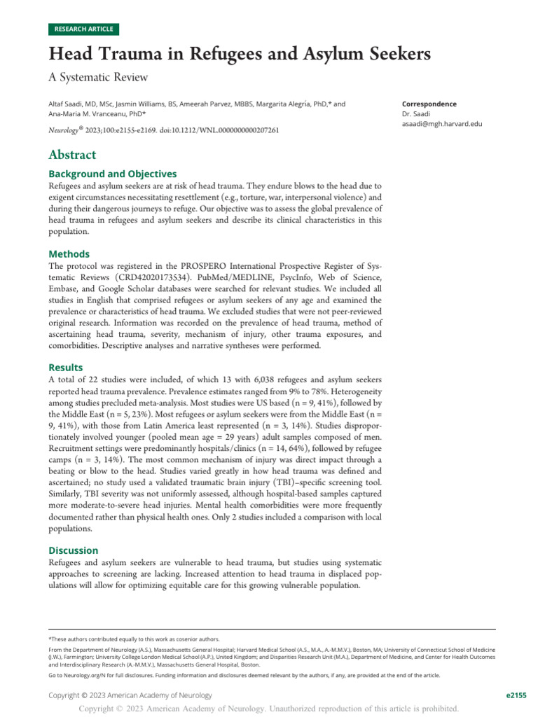 Head Trauma in Refugees and Asylum Seekers | PDF | Traumatic Brain ...