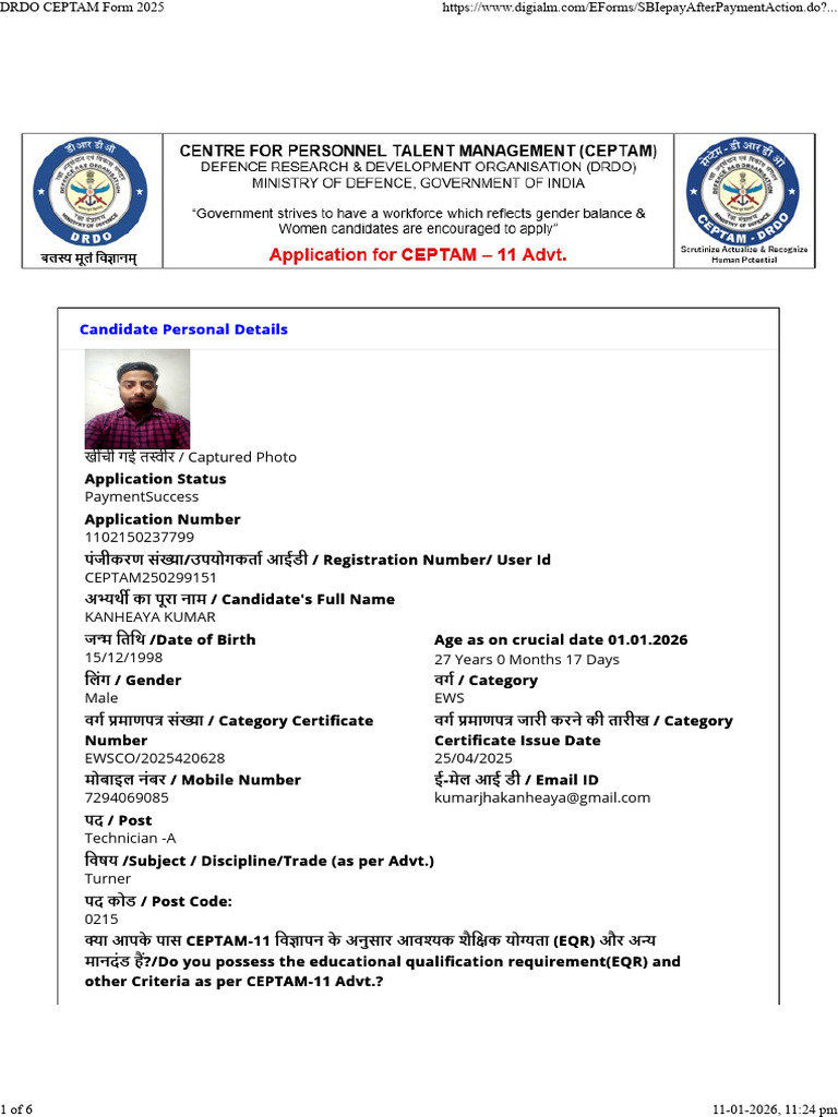 Drdo Ceptam Form 2025 | PDF