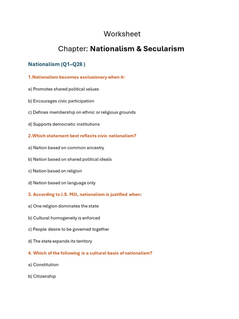 Worksheet Class 11 Nationalism and Securalism | PDF | Nationalism ...