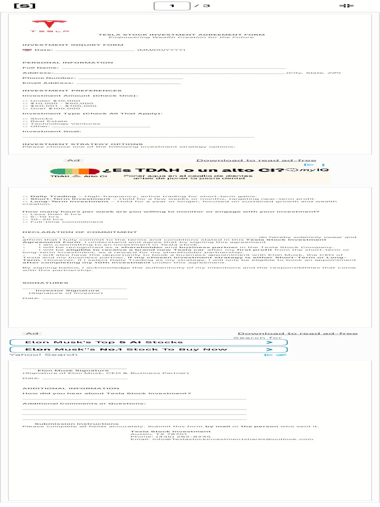 Tesla Stock Investment Agreement Form PDF Investing Elon Musk | PDF ...