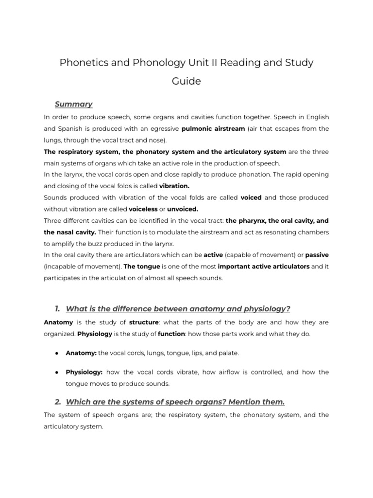 Phonetics and Phonology 1 Reading and Study Unit 2 Part One | PDF ...