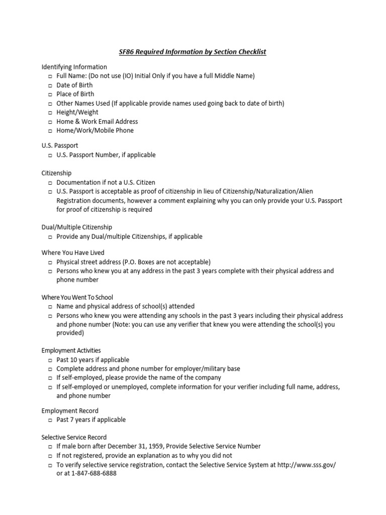 SF86 Required Information by Section Checklist | PDF | Passport ...