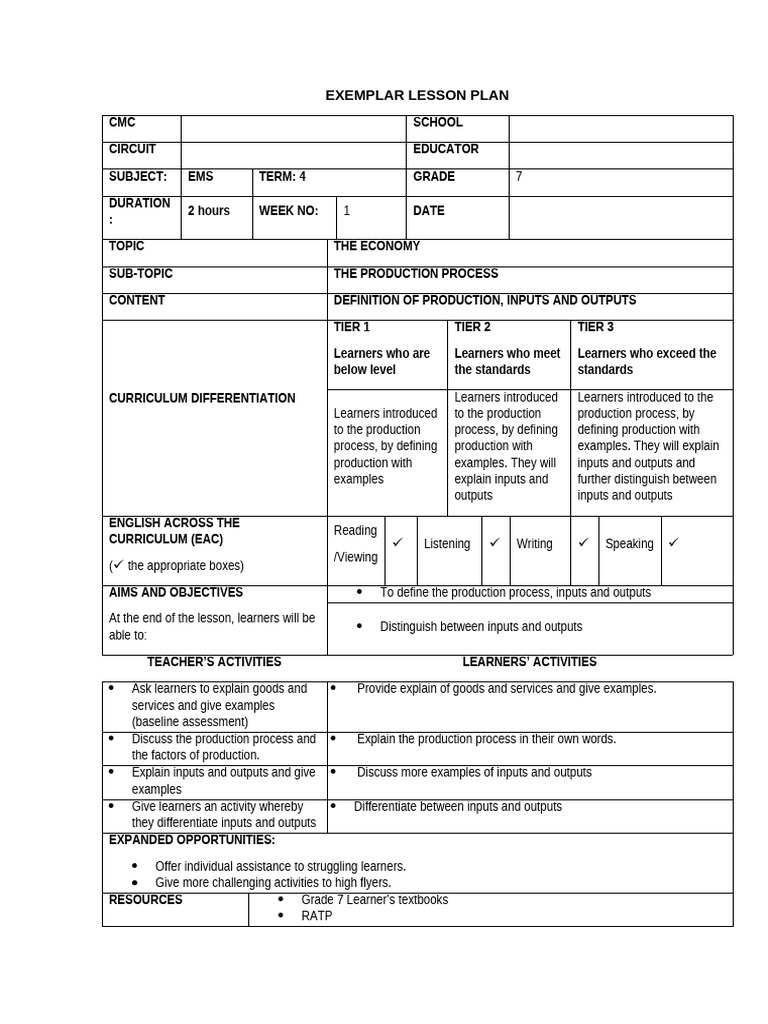 Ems Exemplar Lesson Plan Grade 7 | PDF | Curriculum | Lesson Plan