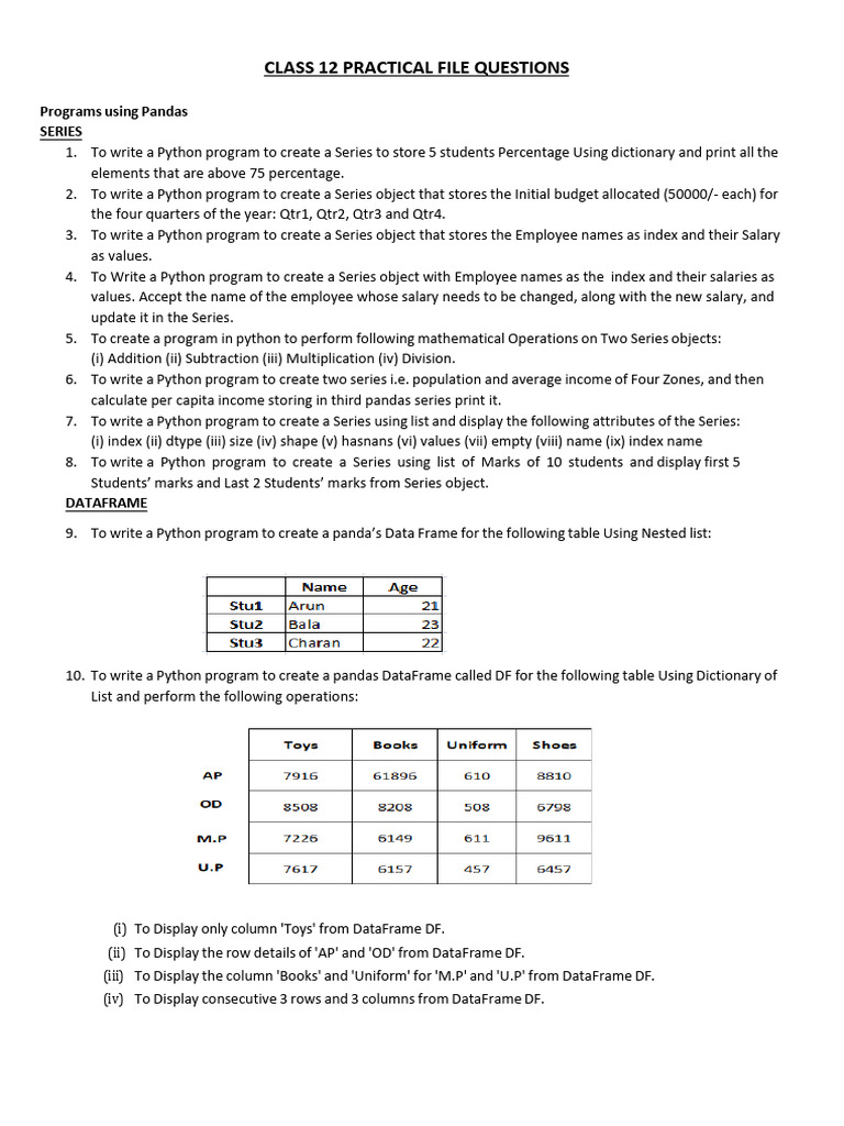 Class 12 Ip Board Practical File Questions | PDF | Data Management ...