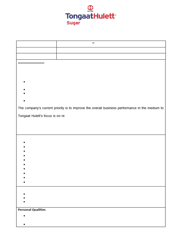 Tongaat Hulett Sugar Amatikulu - Fabrication Foreman (1) | PDF ...