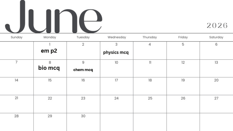 Modern Minimalistic Monthly Planner June 2026 Calendar | PDF