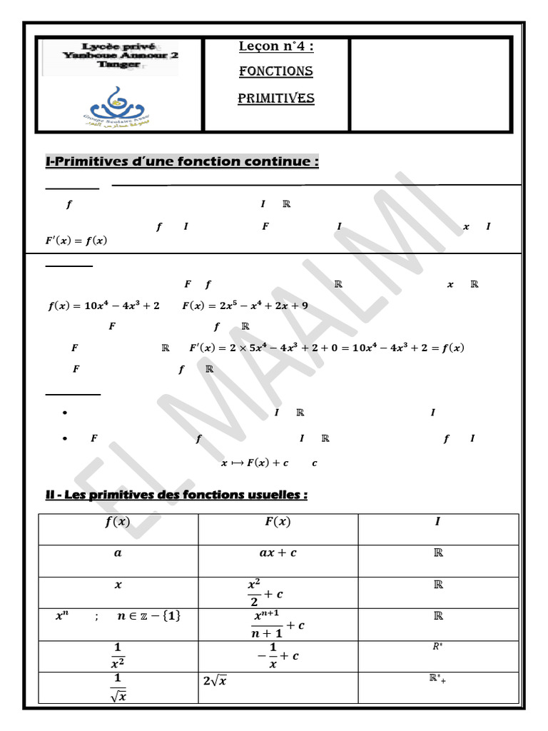 Fonctions Primitives CC - 2 | PDF | Objets mathématiques ...