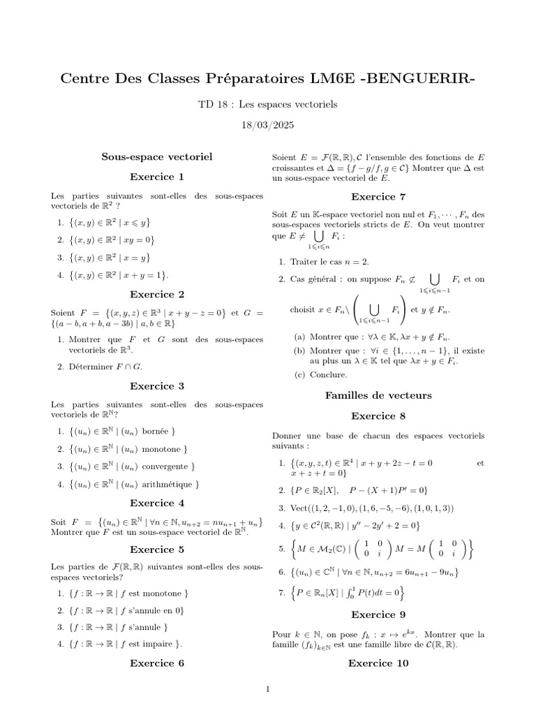 TD 18 Les Espaces Vectoriels | PDF | Concepts mathématiques | Algèbre