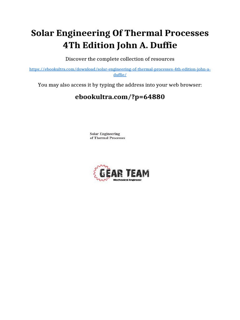 Solar Engineering of Thermal Processes 4th Edition John A. Duffie ...
