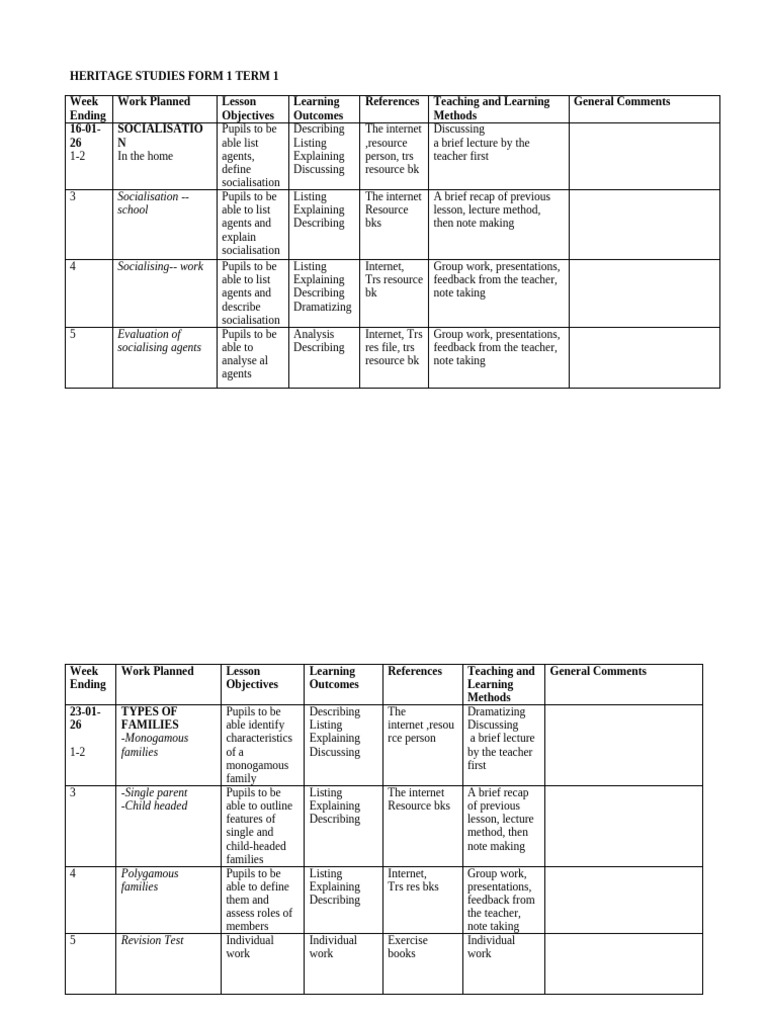 Heritage Studies Form 1 Schemes of Work-1 | PDF | Lecture | Teachers