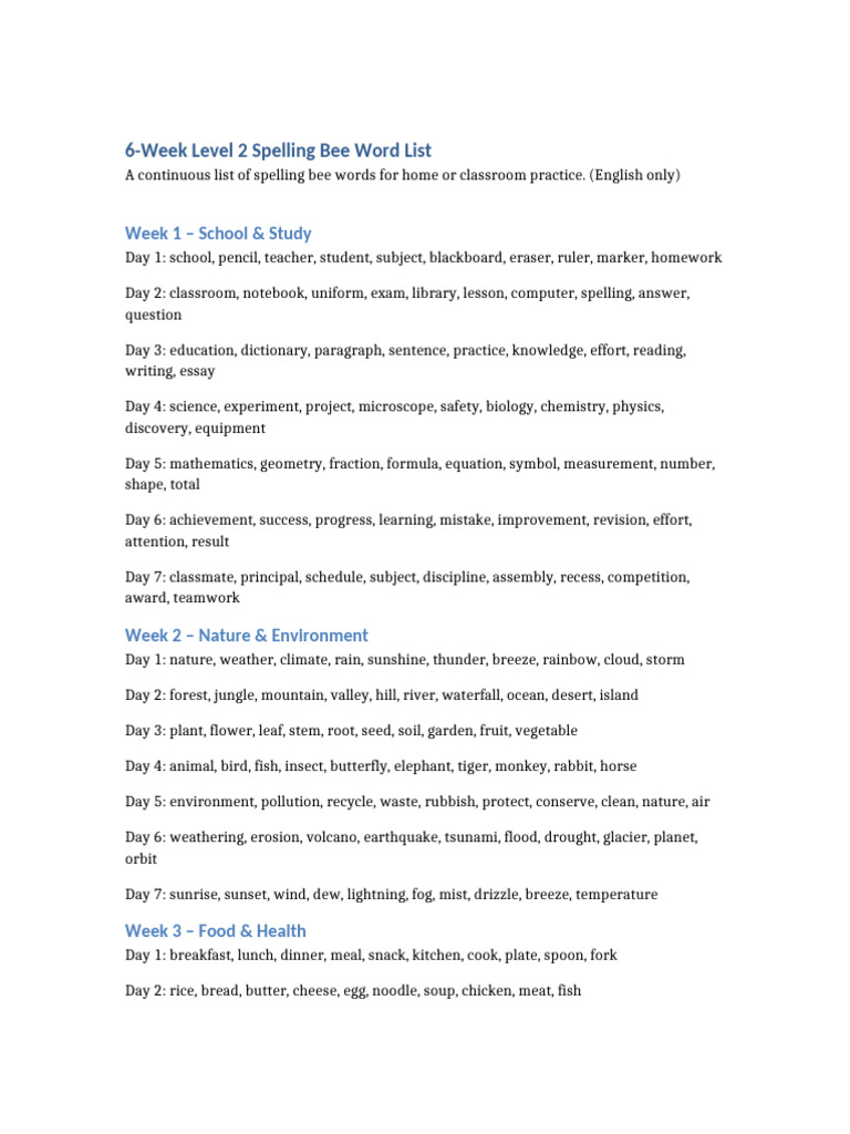 6 Week Spelling Bee Word List | PDF | Science | Nature