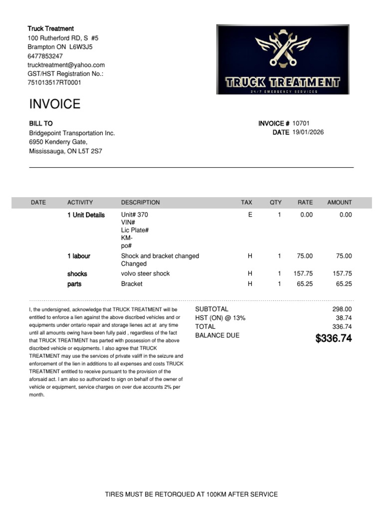 Invoice 10701 From Truck Treatment | PDF