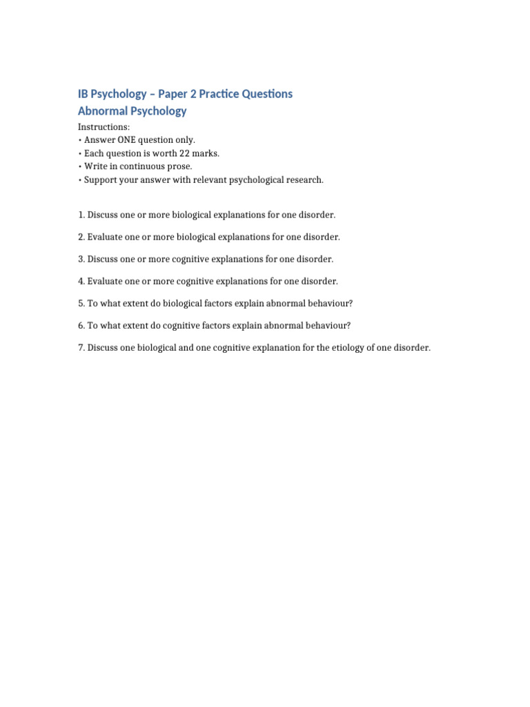 IB Psychology Paper 2 Abnormal Psychology Etiology Practice Questions | PDF