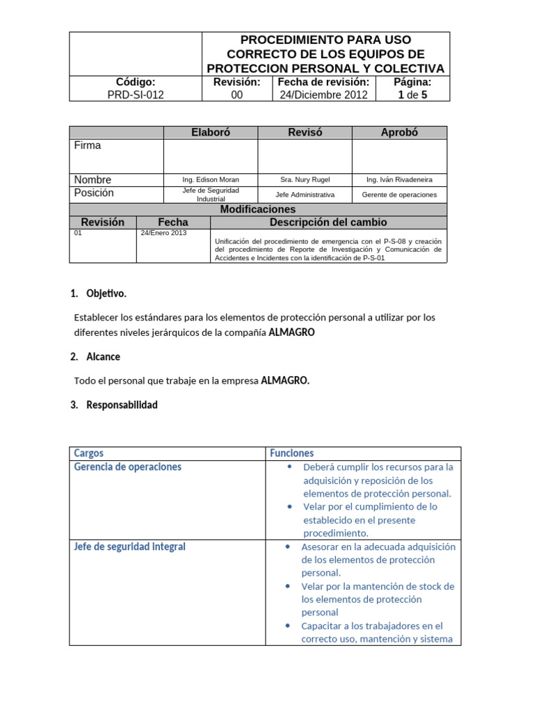 Prd-Si-012 Procedimiento de Uso Correcto de Equipos de Proteccion ...