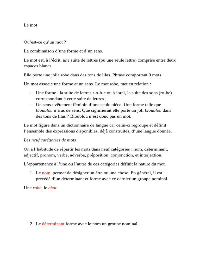Cours de Grammaire Le Mot | PDF | Nature (grammaire) | Clause