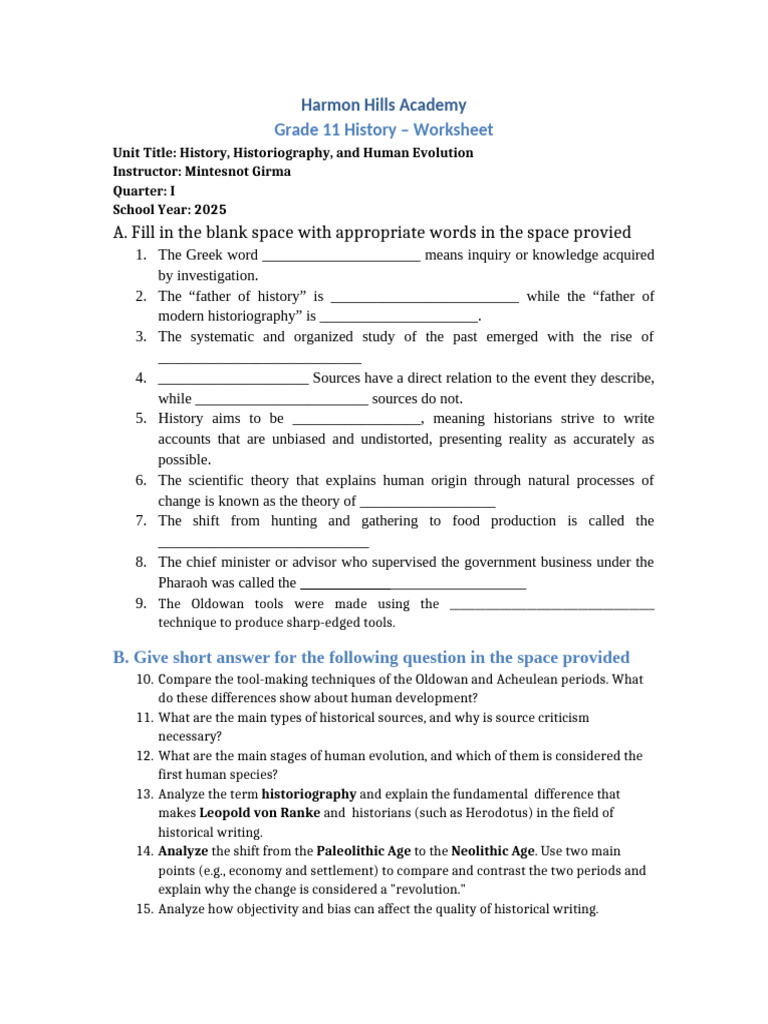 Grade 11 History Worksheet | PDF