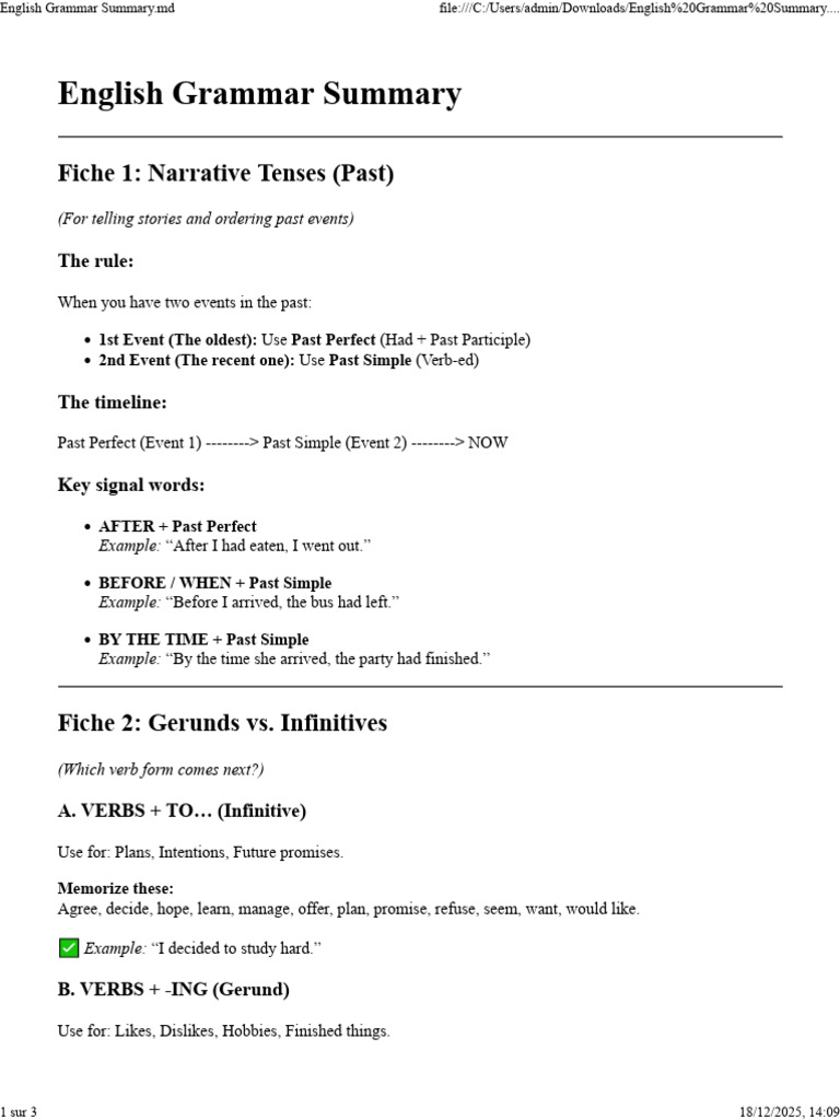 English Grammar Summary - MD | PDF | Perfect (Grammar) | English Grammar