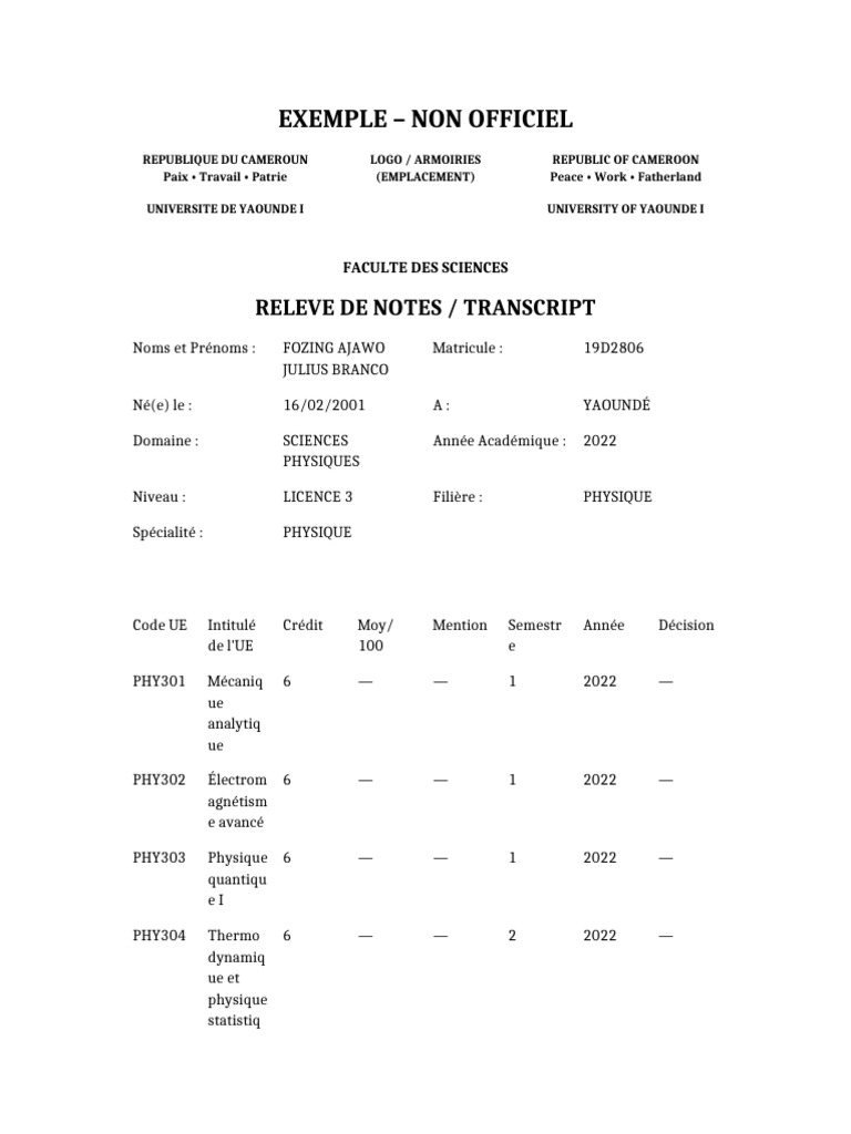 Releve de Notes Physique Exemple Editable | PDF | Physique | Sciences ...