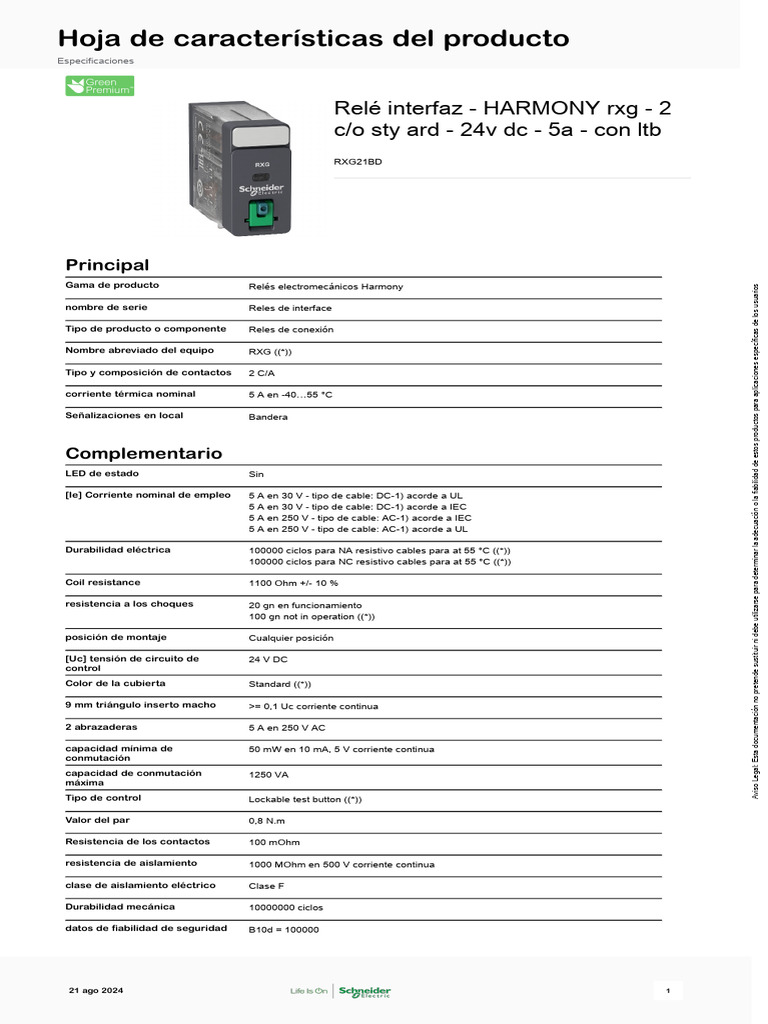 Schneider Electric Relé-Electromecánico-Harmony RXG21BD | PDF | Relé ...