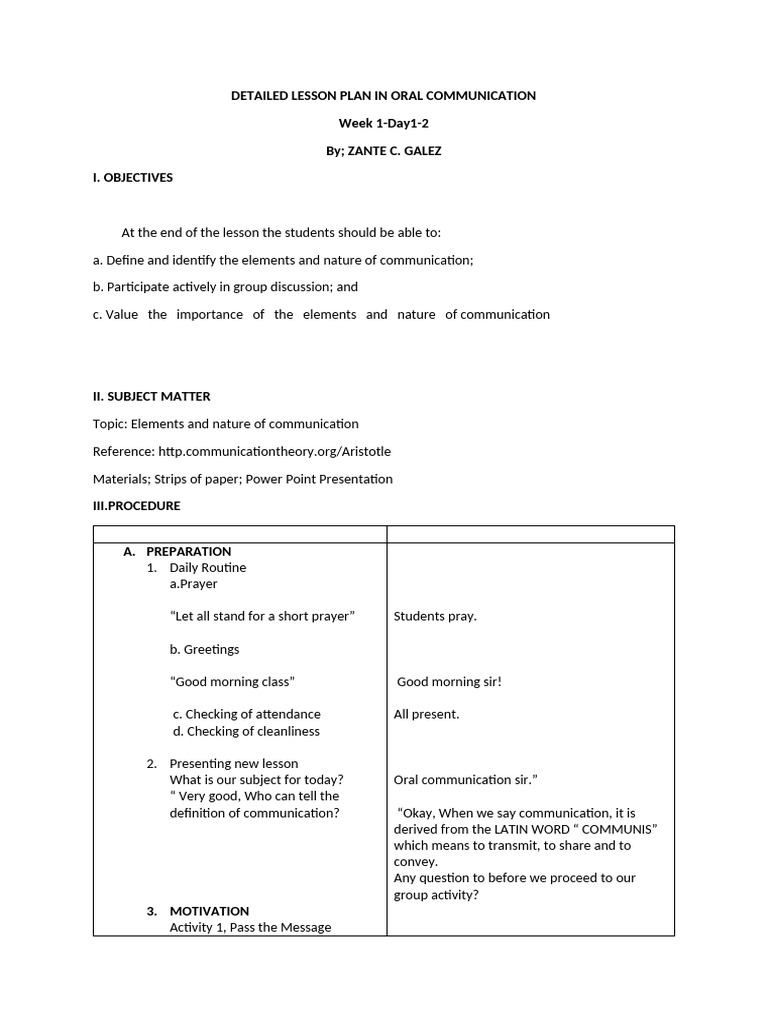 Detailed Lesson Plan in Oral Communication | PDF | Communication ...