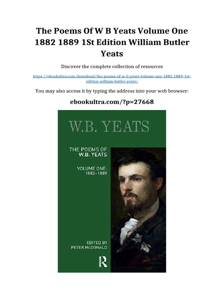 The Poems of W B Yeats Volume One 1882 1889 1st Edition William Butler ...