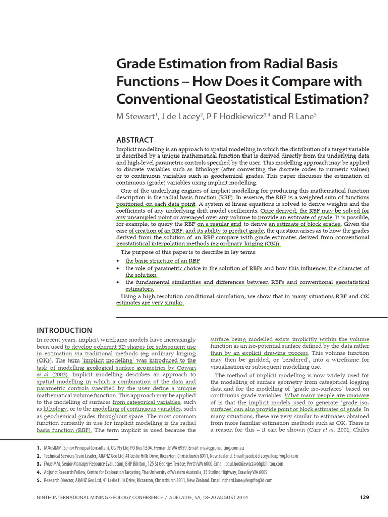 2014 - Stewart Et Al - Grade Estimation From Radial Basis Functions ...