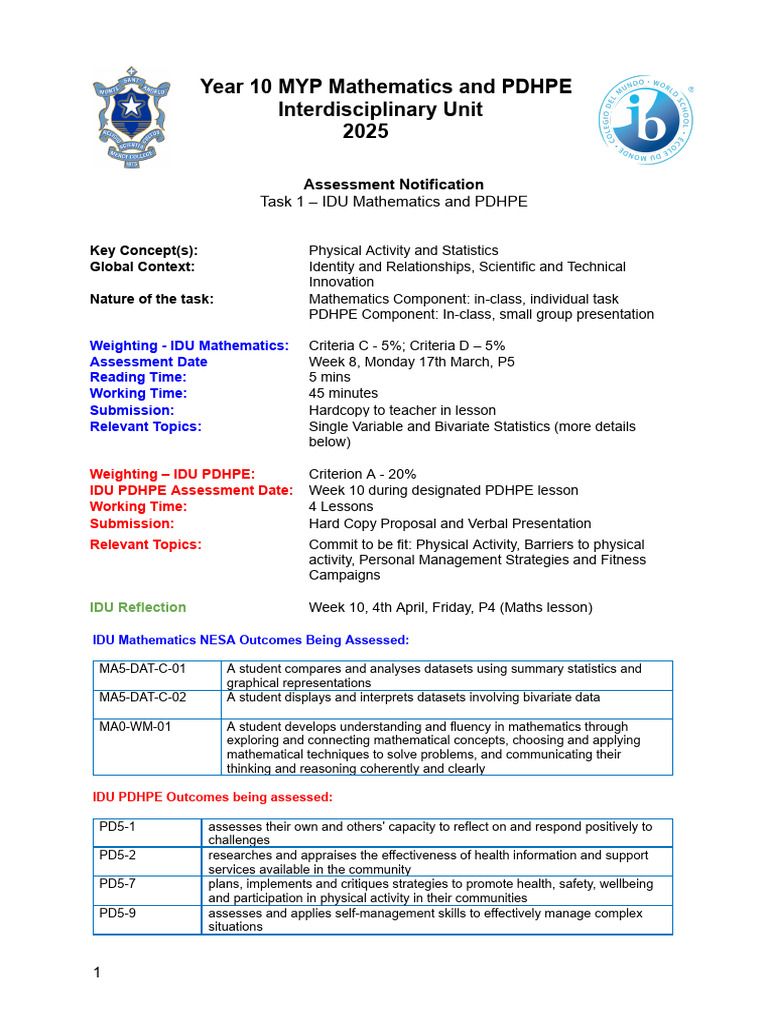 10.IDU Maths and PDHPE Task Notification | PDF | Knowledge | Mathematics