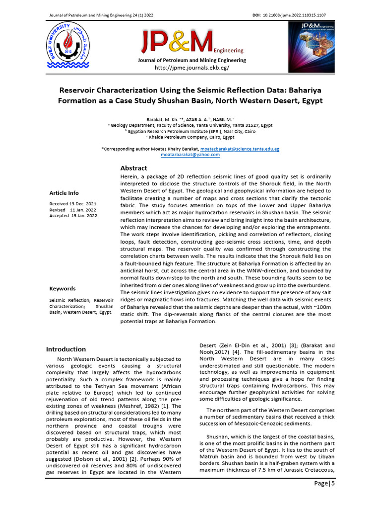 Reservoir Characterization Using The Seismic Reflection Data Bahariya ...