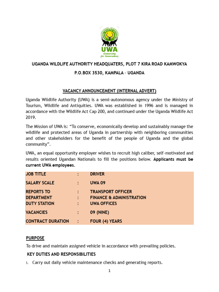 Internal Advert NO. 1 of 2026 | PDF | Driving | Uganda