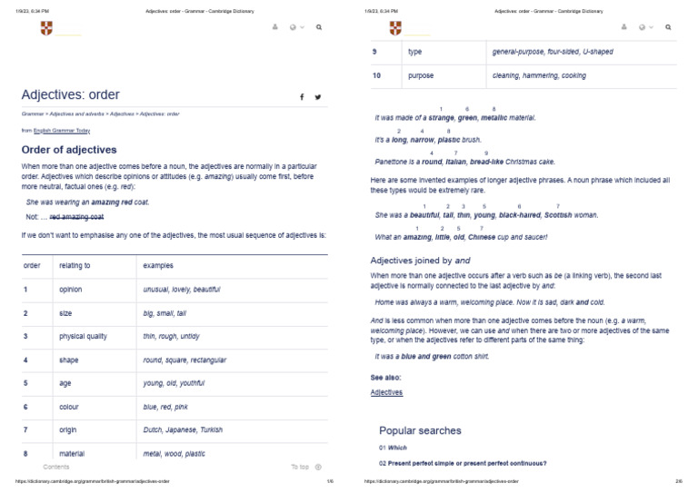 Adjectives - Order - Grammar - Cambridge Dictionary | PDF | Adjective ...