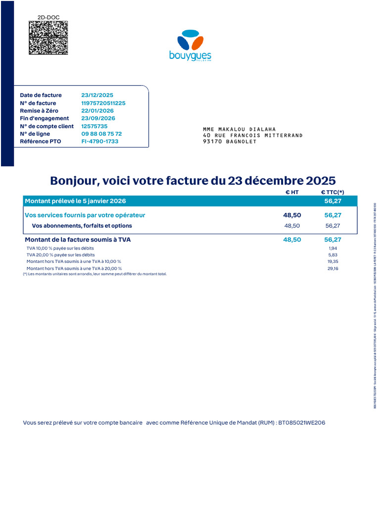 BouyguesTelecom Facture 20260105 11975720511225 | PDF | Vidéo à la ...