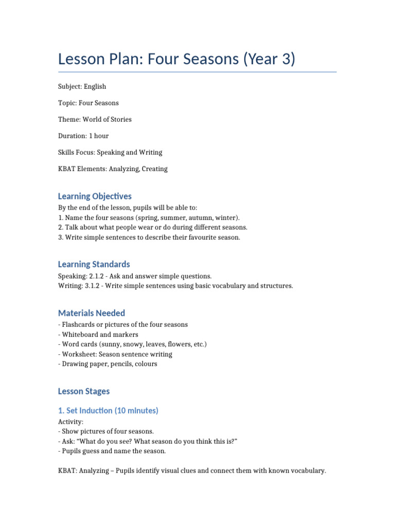 Lesson Plan Four Seasons Year3 | PDF