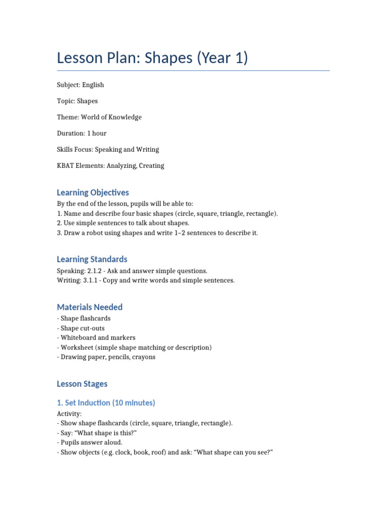 Lesson Plan Shapes Year1 | PDF